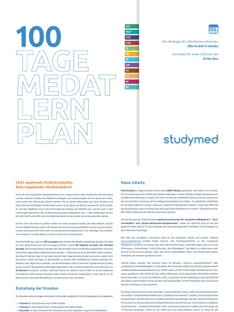 Studymed 100 Tage Medat Lernplan 2022 v1 | PDF