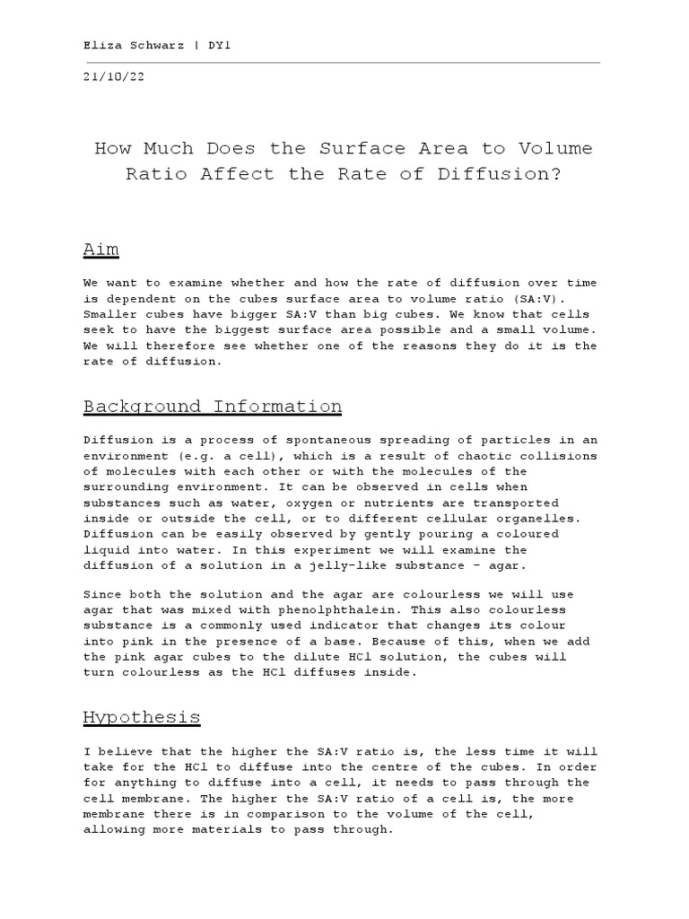 Surface Area To Volume Ratio Lab | PDF | Diffusion | Cell (Biology)