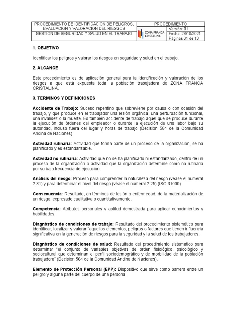 Procedimiento de Identificacion de Peligros, Evaluacion y Valoracion de Riesgos | PDF | Riesgo ...