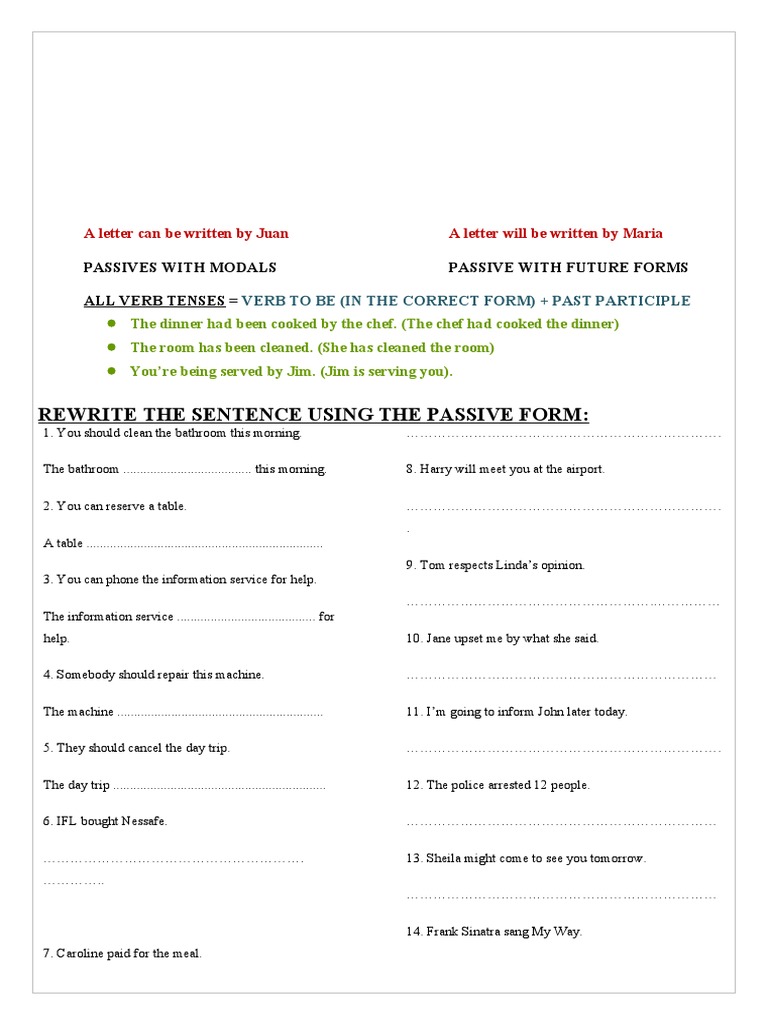 Passives All Tenses Grammar Drills Oneonone Activities Sentence Transf ...