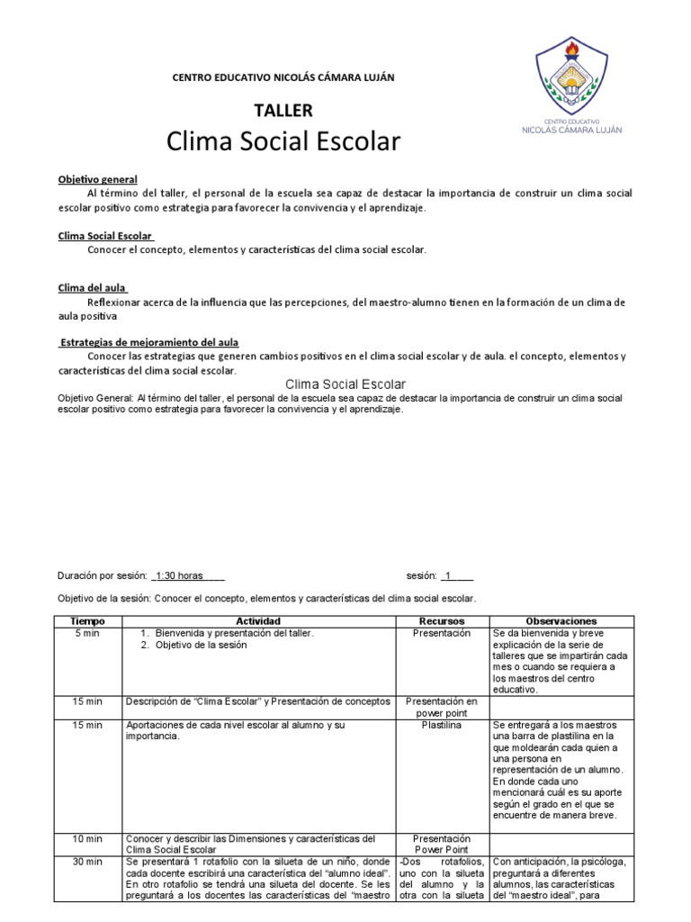 Taller Clima Social Escolar | PDF | Salón de clases | Maestros