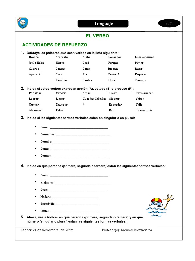 Hojas De Trabajo Sobre Los Tiempos Verbales, Quinto Grado 50+ Verbos