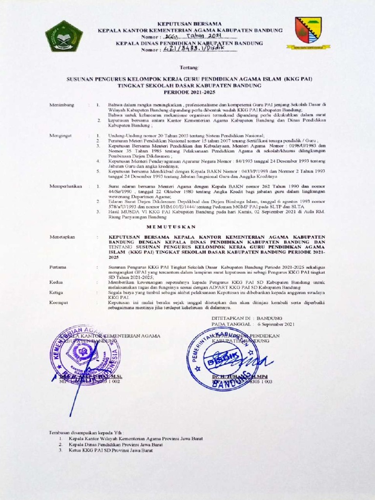 SK Pengurus KKG Pai SD Kabupaten Bandung 2125 | PDF