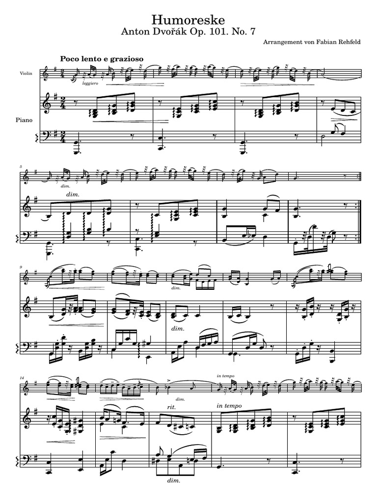 Humoresque by Antonn Dvok Arranged For Violin and Piano by Fabian ...