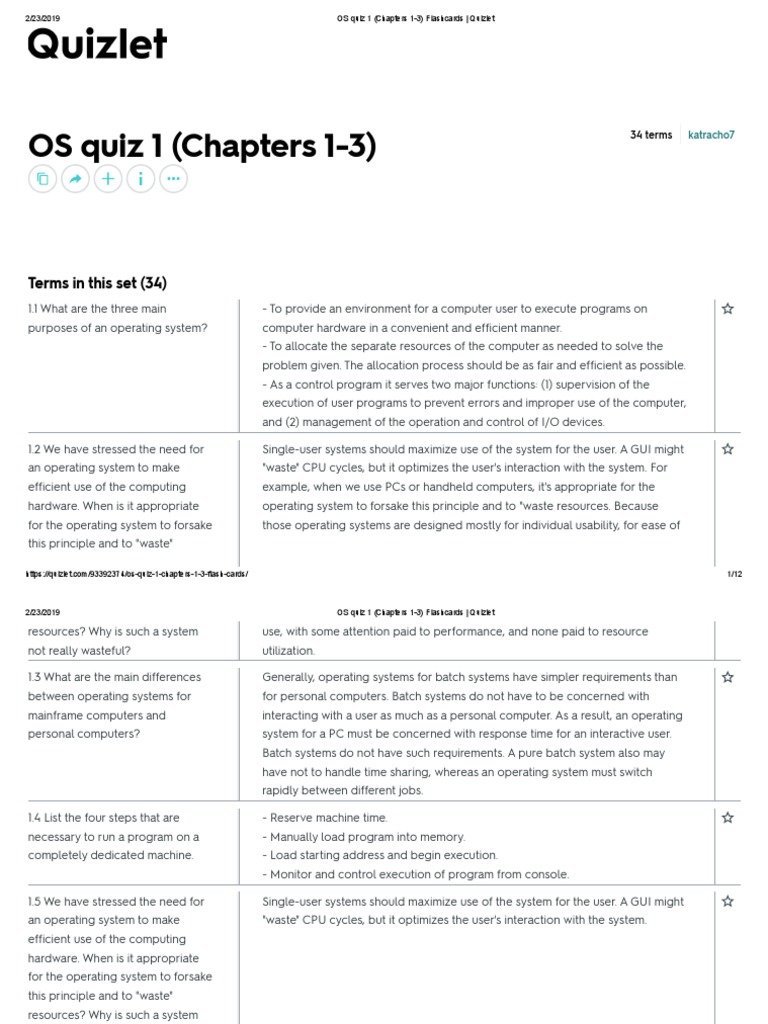 OS Quiz 1 (Chapters 1-3) Flashcards - Quizlet | PDF | Operating System ...