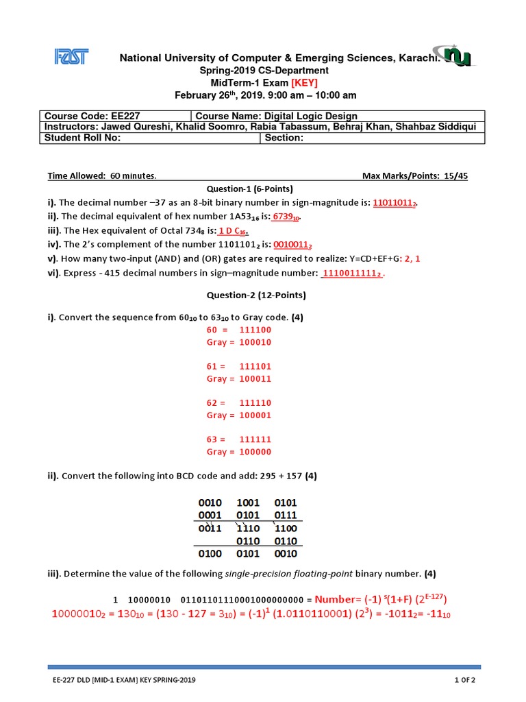 Digital Logic Design Exam Key | PDF
