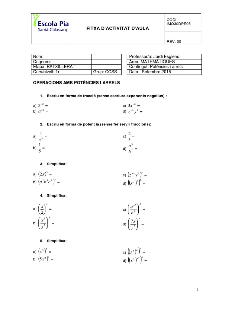 Exercicis de Potències I Arrels | PDF