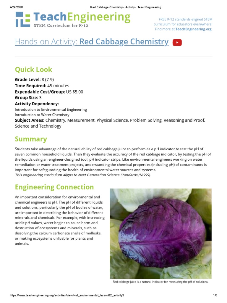 Red Cabbage Chemistry Activity TeachEngineering | PDF | Ph | Water