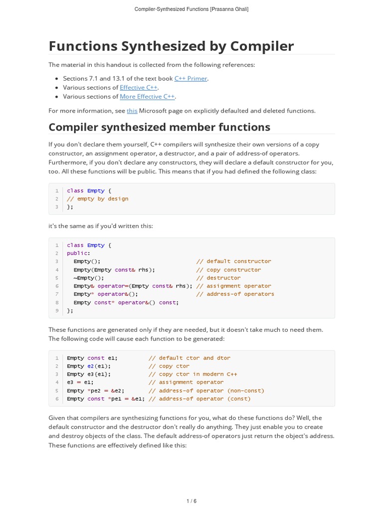 Classes Compiler Synthesized Functions | PDF