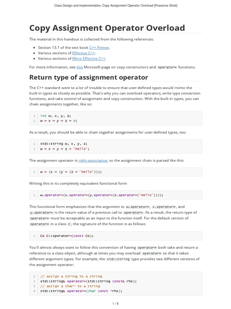 Copy Assignment Overload | PDF | Parameter (Computer Programming) | Constructor (Object Oriented ...