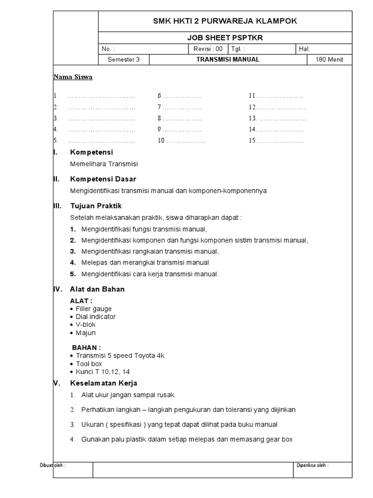 Jobsheet-Transmisi-Manual Agung R | PDF