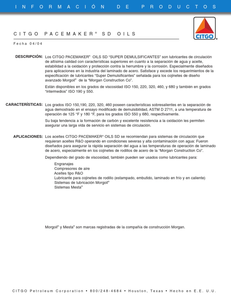 Citgo Pacemaker SD Oils: Descripción | PDF | Acero | Lubricante