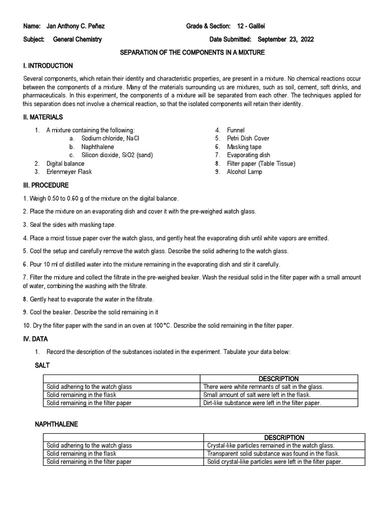 Lab 1 Separation of The Components in A Mixture | PDF | Filtration ...