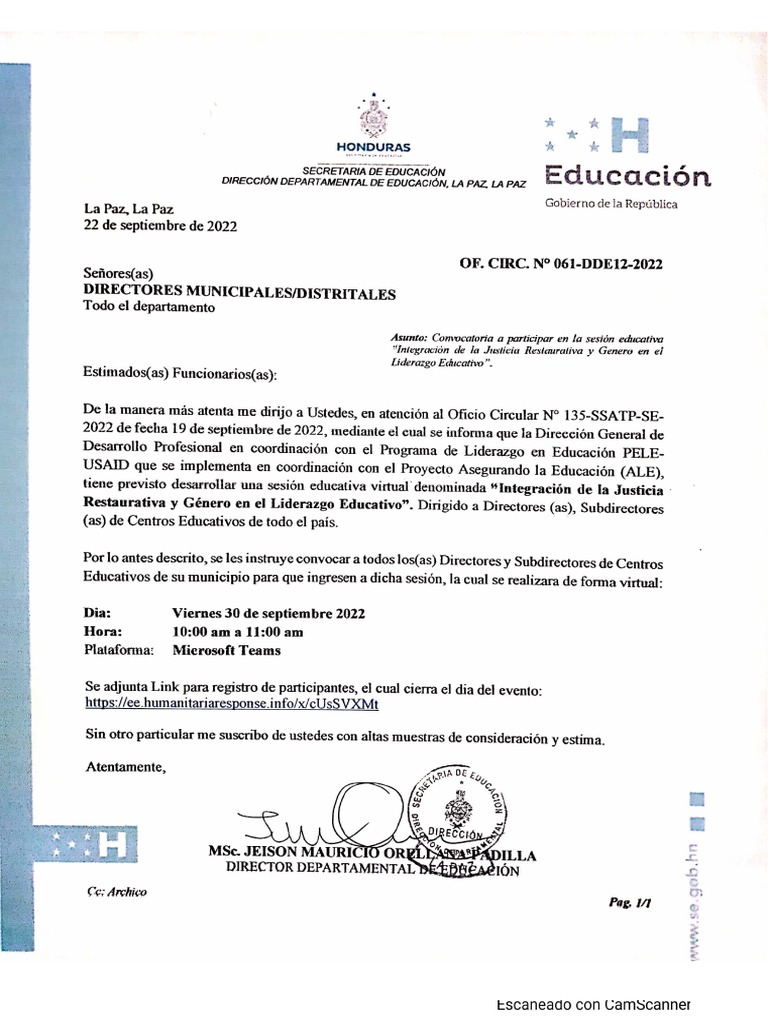 Oficio Circular #061-Dde12-2022 (Convocatoria A Directores y Subdirectores de Ce) | PDF