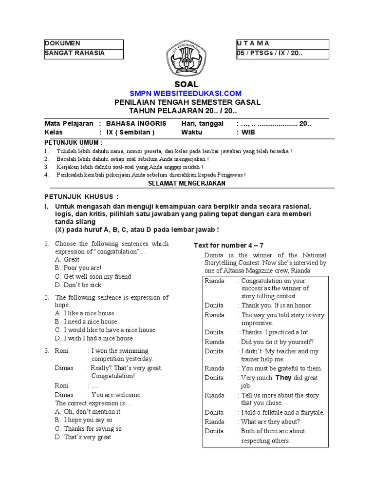 Document Provides Practice English Exam for Ninth Grade Students with Comprehension and ...