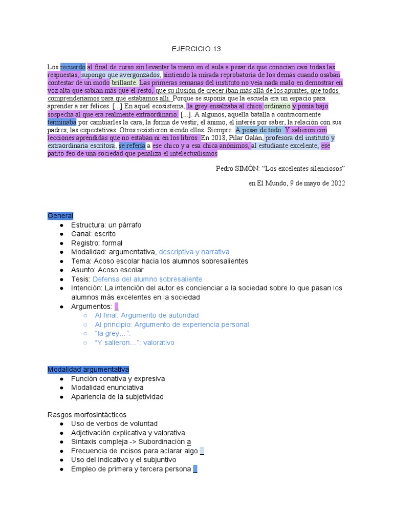 Lengua Ejercicio 13 | PDF | Oración (Lingüística) | Lingüística