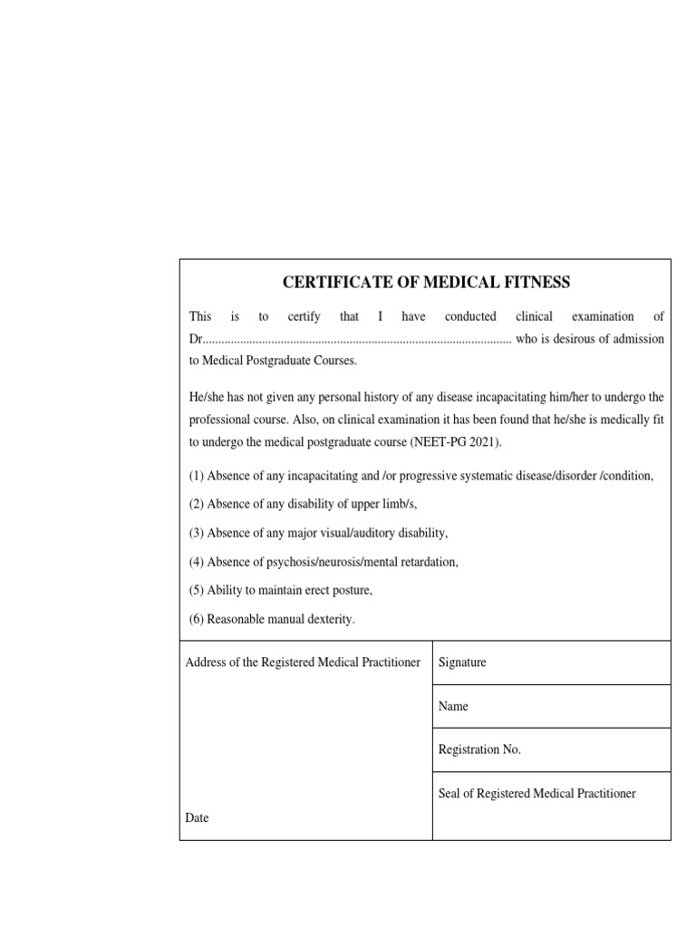 Medical Fitness Certificate for NEET-PG | PDF | Wellness | Science ...