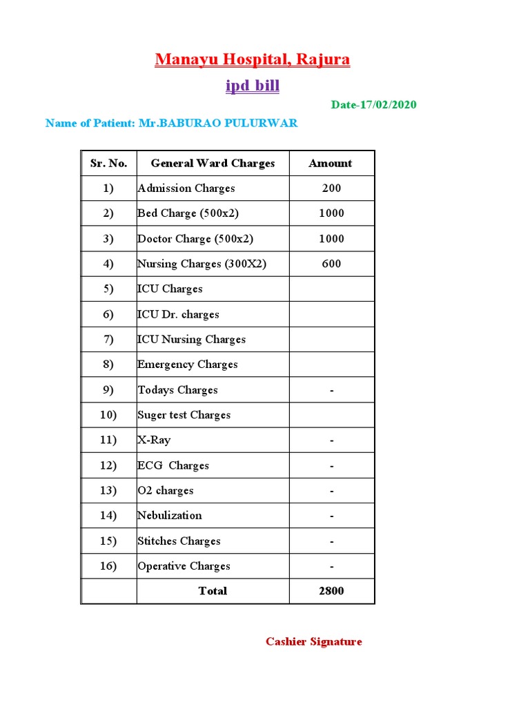 Manayu Hospital, Rajura: Ipd Bill | PDF | Intensive Care Unit ...