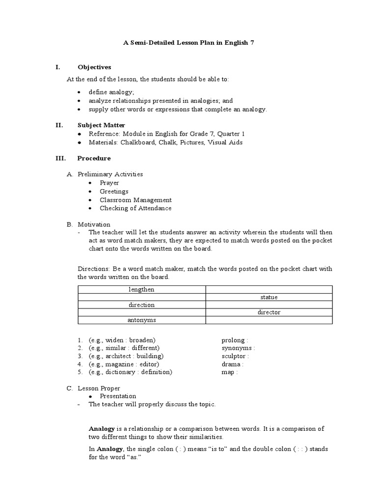 Semi Detailed (Analogy) | PDF | Analogy | Lesson Plan