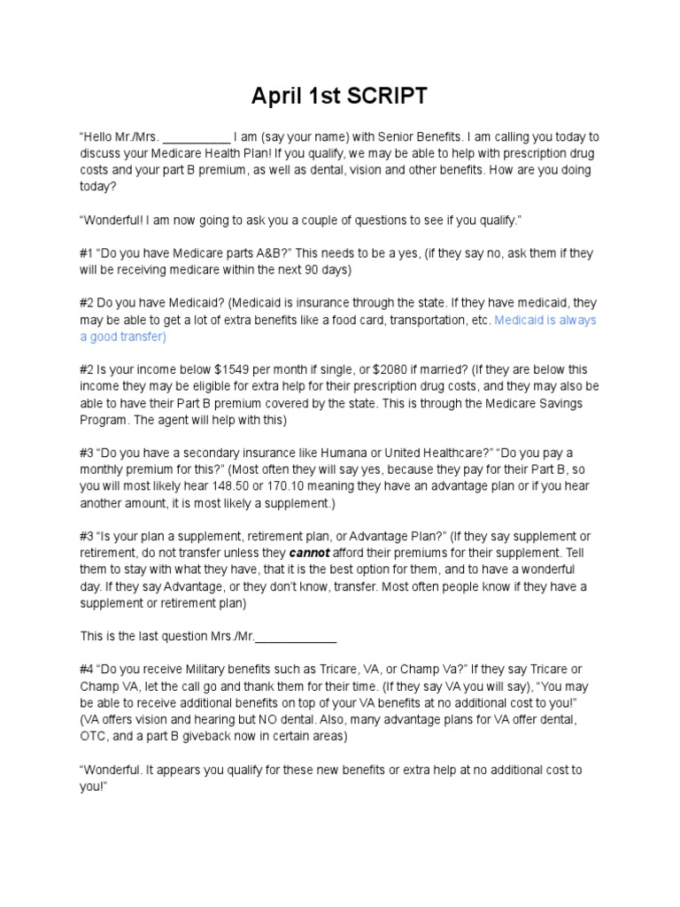 April 1st Script - Fronter Cheat Sheet | PDF | Medicare (United States ...