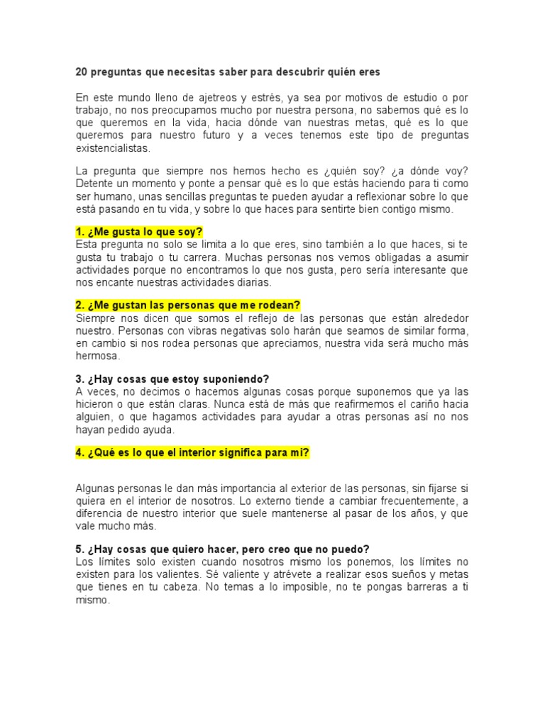 20 Preguntas Que Necesitas Saber para Descubrir Quién Eres | PDF