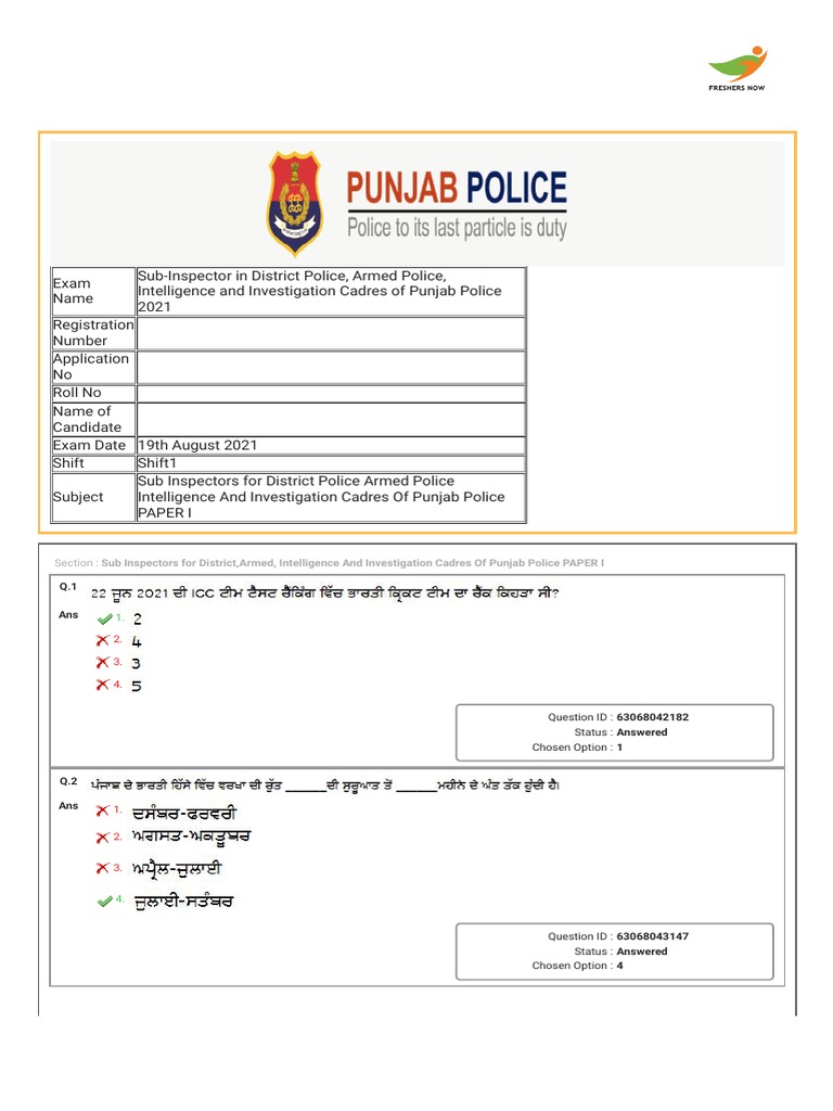 Punjab Police SI Intelligence Officer Model Papers | PDF | Mathematical ...
