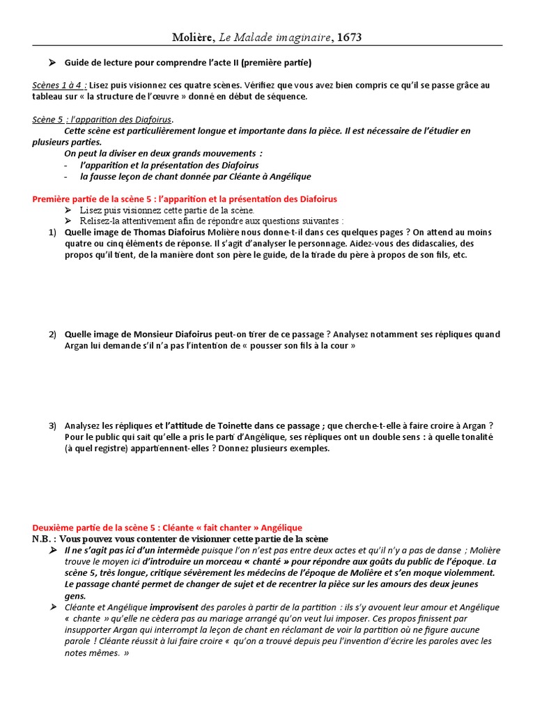 Analyse de l' Acte II, Questionnaire N°1 | PDF | Molière