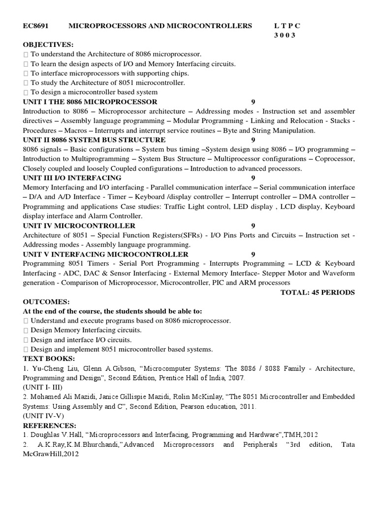 Ec8691 Microprocessors and Microcontrollers L T P C | PDF | Microcontroller | Microprocessor