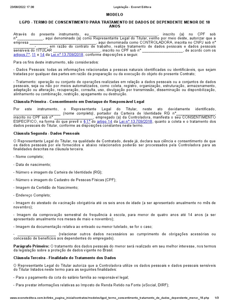 Lgpd Termo De Consentimento Para Tratamento De Dados De Dependente 7142