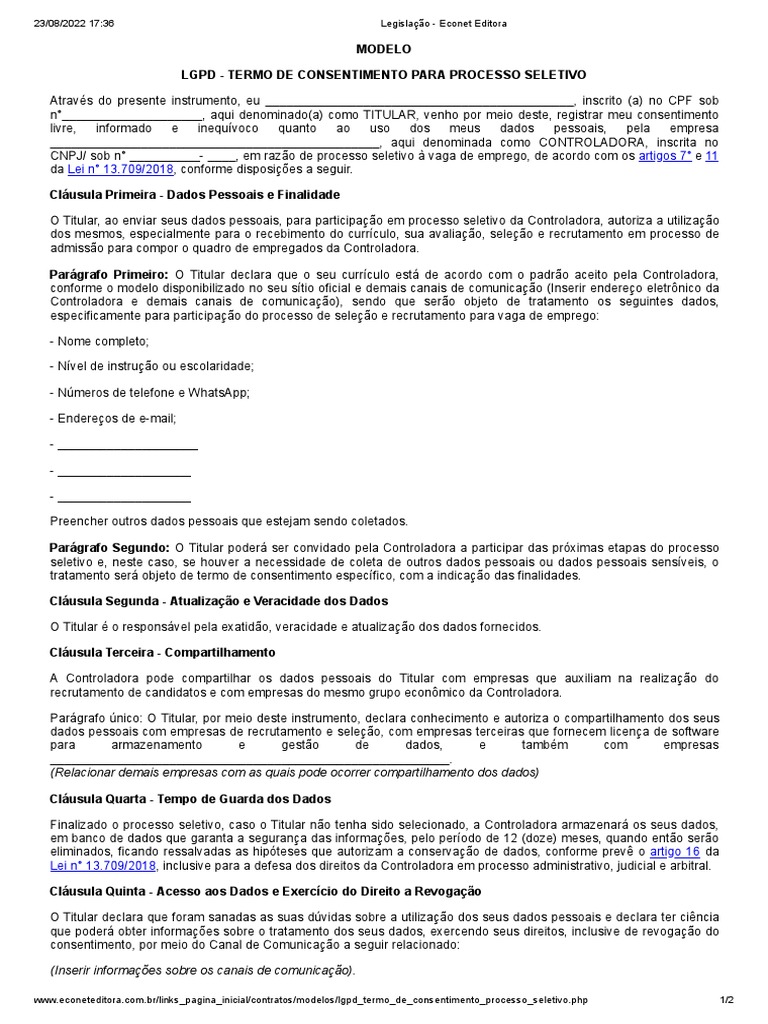 Termo de Consentimento LGPD para Seleção | PDF | Recrutamento | Dados