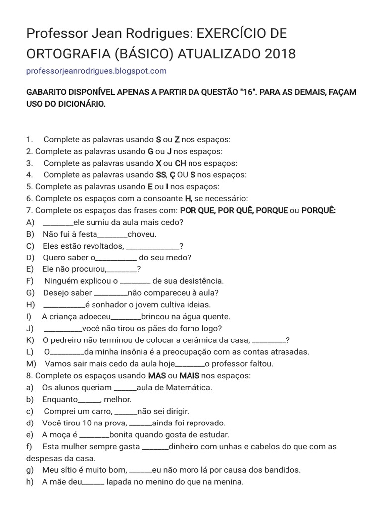 Professor Jean Rodrigues Exerc Cio de Ortografia B Sico Atualizado 2018 PDF | PDF | Caixa alta e ...