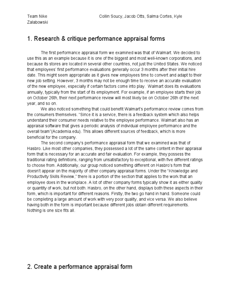 Team Nike: Performance Appraisal Form and Critique of Walmart and ...