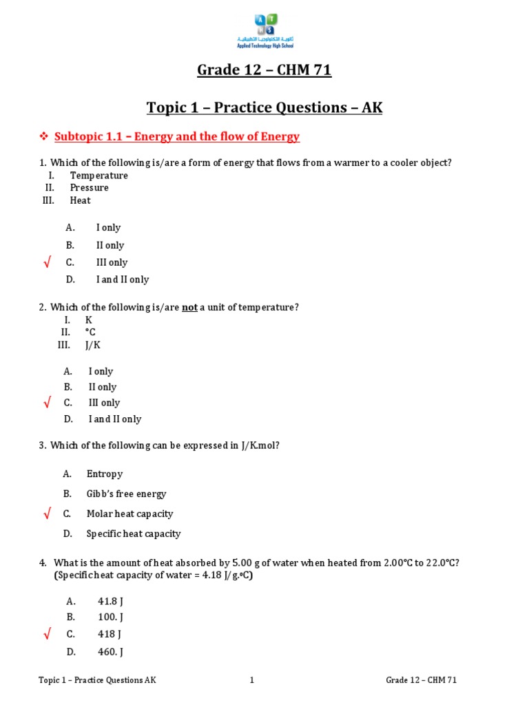 G12 Chemistry Adv-Topic 1-Practice Questions AK (AY 20-21) | PDF ...