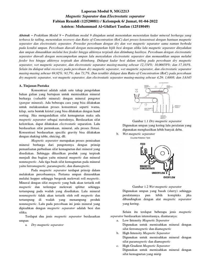 Magnetic Separator Dan Electrostatic Separator | PDF