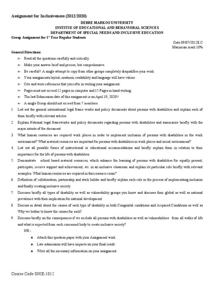 Inclusive Education Assignment Guidelines | PDF | Disability ...