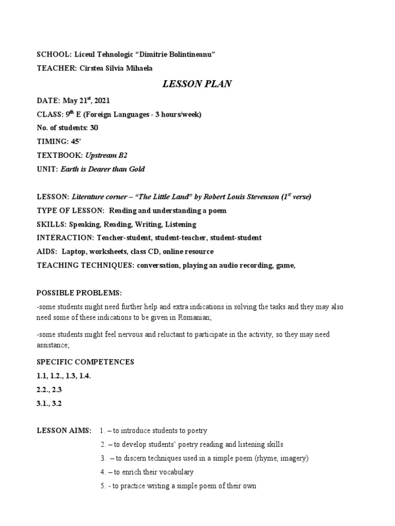 Lesson Plan 9 E | PDF | Robert Louis Stevenson | Poetry