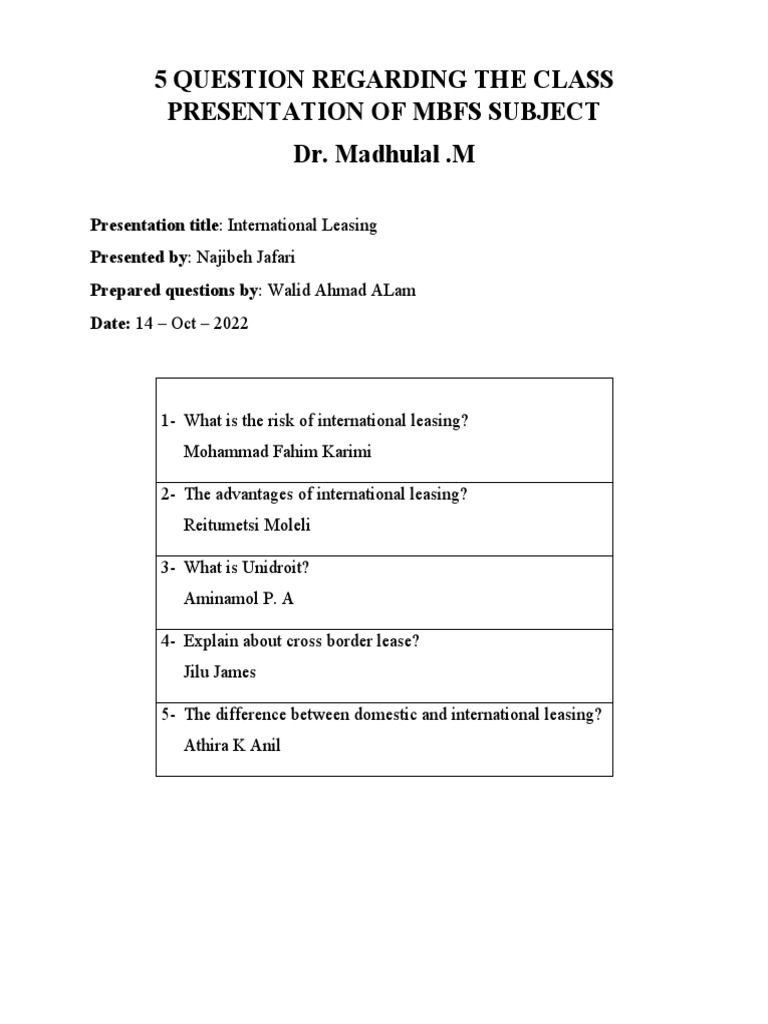 5 Question Regarding The Class Presentation of Mbfs Subject From Najibeh Jafari | PDF | Business