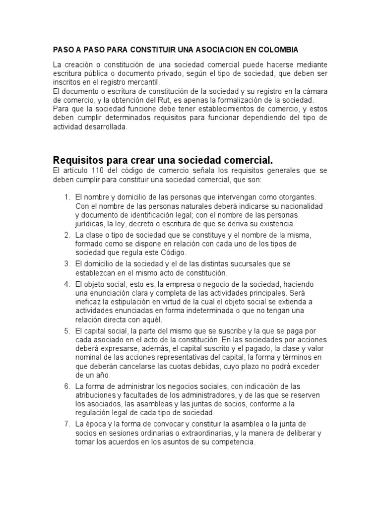 Guía paso a paso para constituir una sociedad comercial en Colombia | PDF | Sociedad de ...