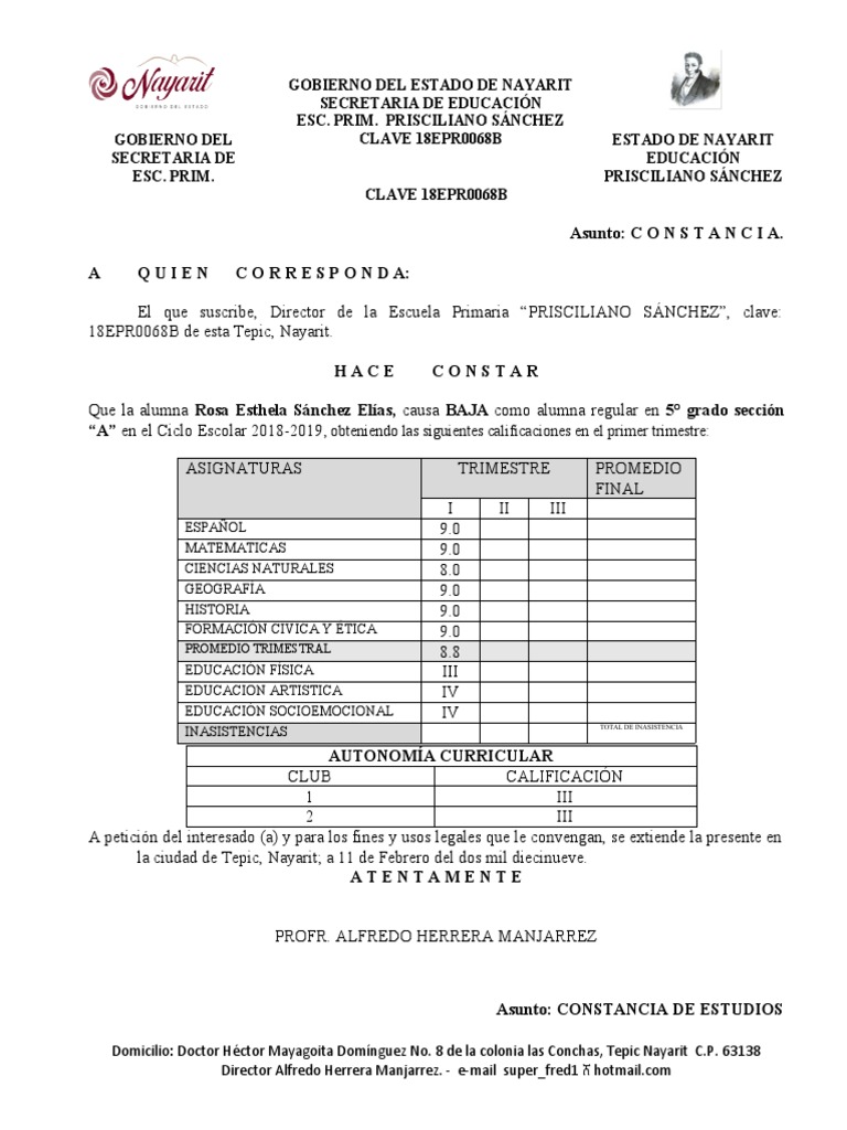 Constancia Con Calificaciones 6to. HOMBRES 2016 2017 | PDF | Educación primaria | Etapas educativas