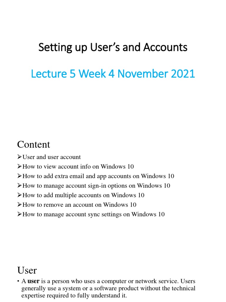 Lec 5 - Setting Up User Account & Groups | PDF | User (Computing) | Windows 10