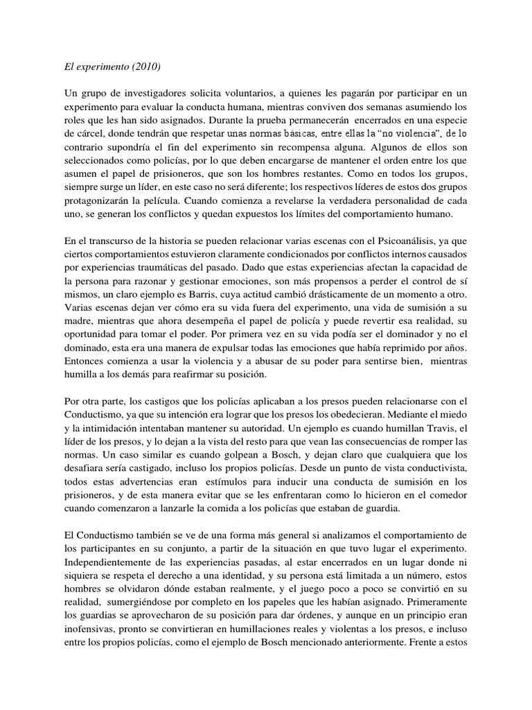 Ensayo Película EL EXPERIMENTO | PDF | Experimentar | Comportamiento