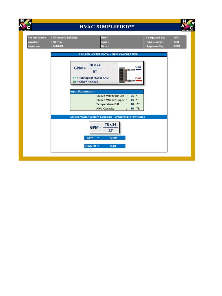 GPM HVAC Chilled Water Flow Calculation Sheet | PDF