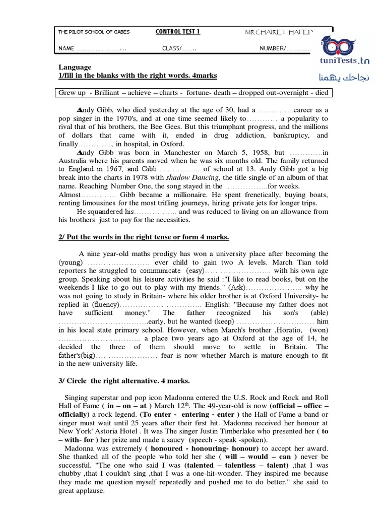 Devoir - de - Controle - N1-1ere - Annee Secondaire-Anglais - MR Hafedh Chairet-Collège Pilote ...