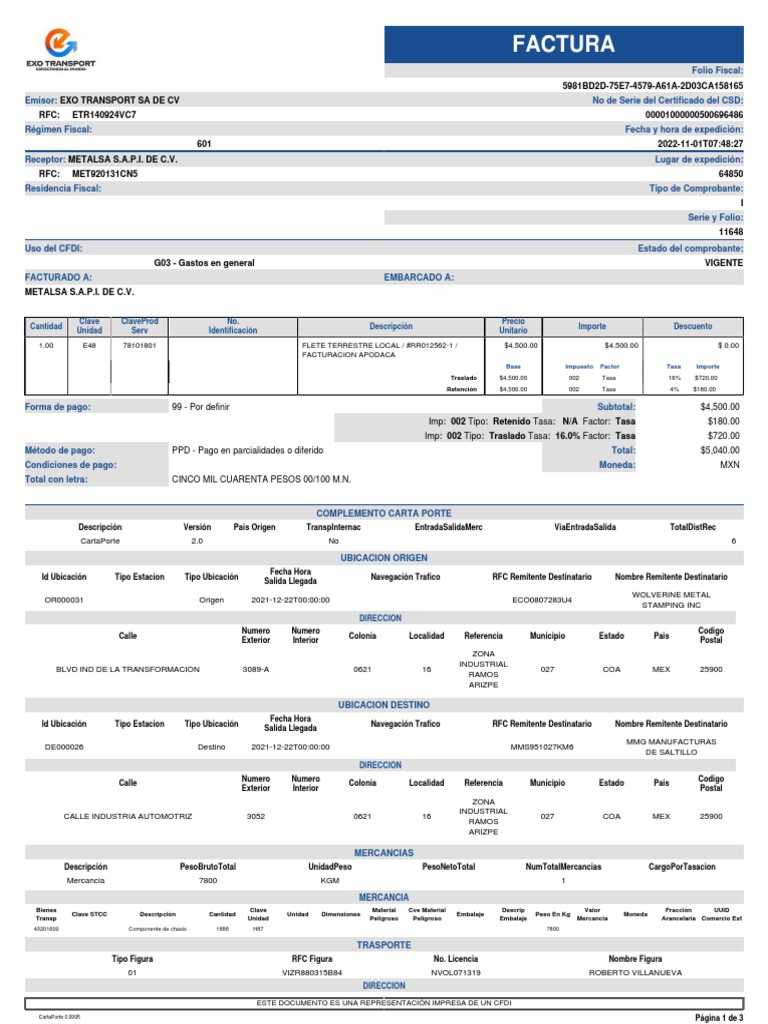 Factura: Exo Transport Sa de CV RFC: ETR140924VC7 00001000000500696486 ...