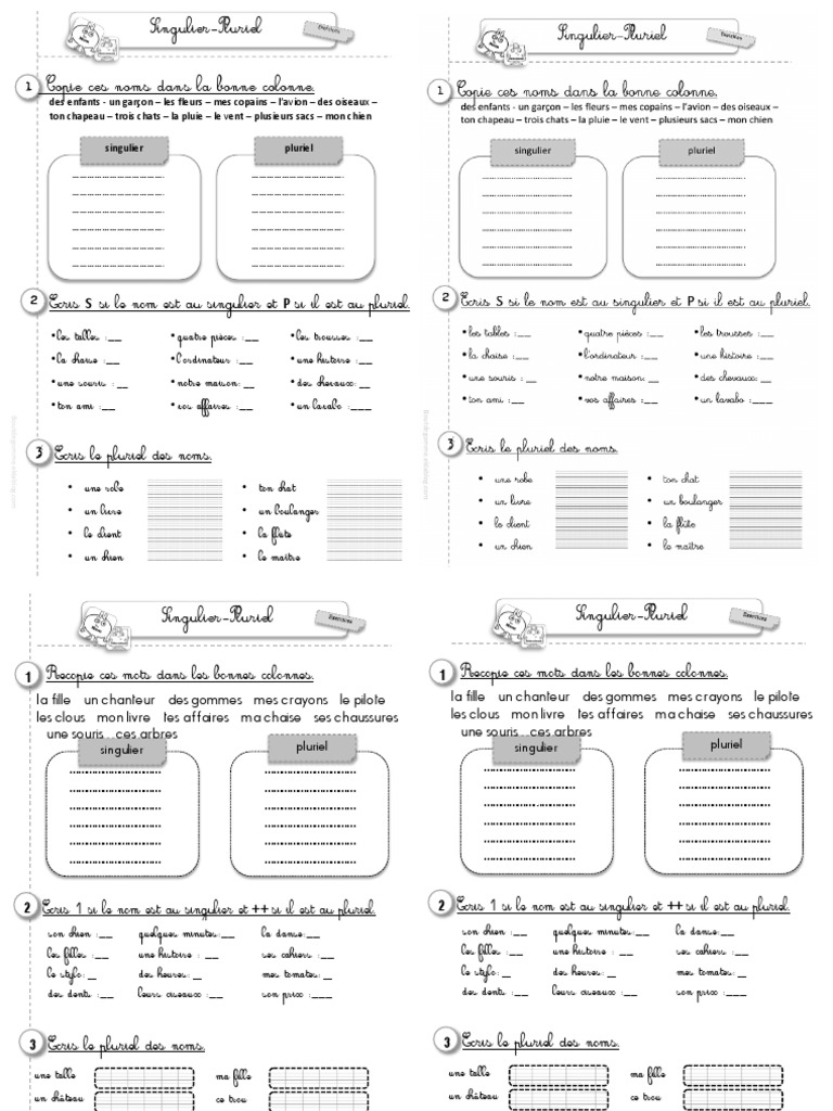 Exercices Singulier-Pluriel CE1 | PDF | Échecs