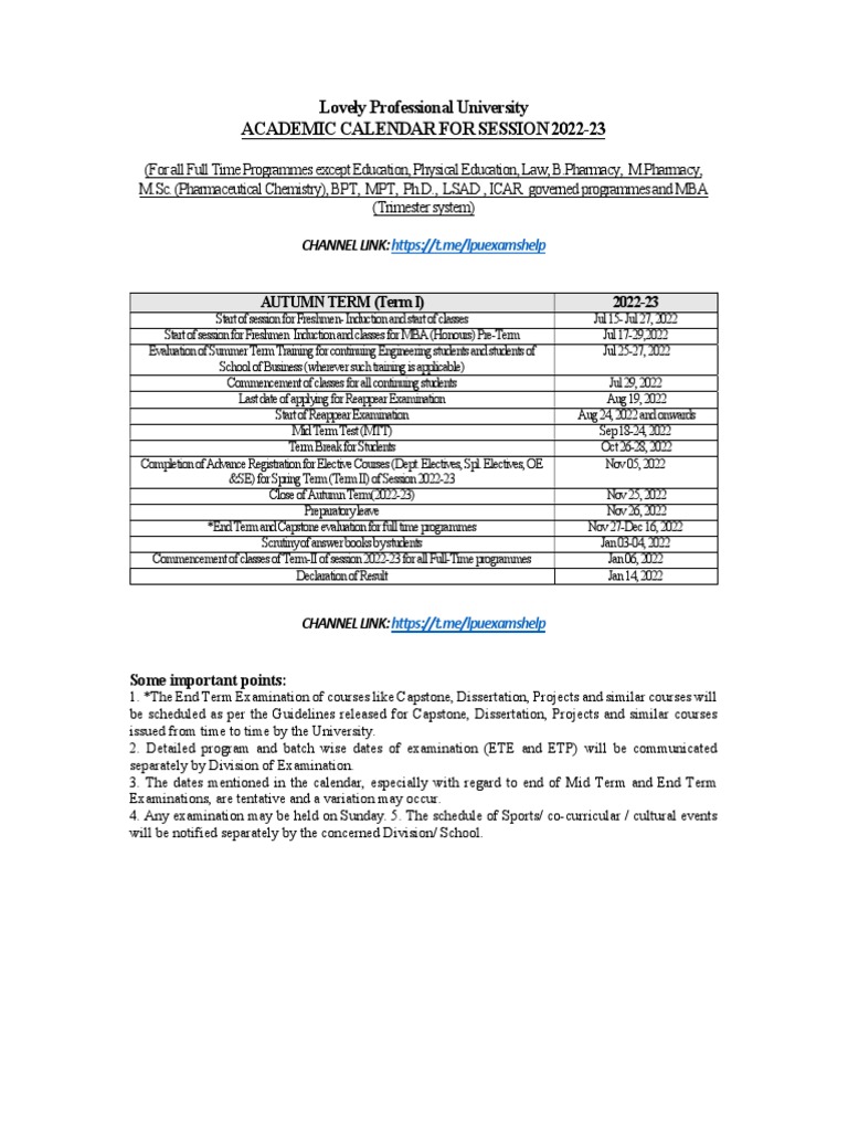 Academic Calender For All Full Time Programmes For Autumn Term Term | PDF | Academic Term