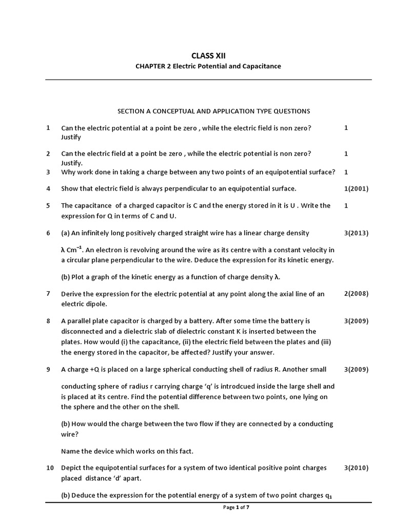 Chapter 2 - Electric Potential and Capacitance Previous Year Question Worksheet | PDF ...