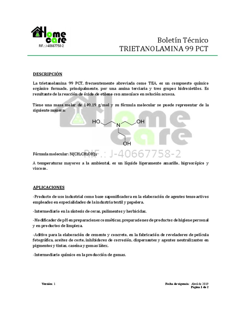 Ficha Técnica de Trietanolamina 99% | PDF | Química | Sustancias químicas