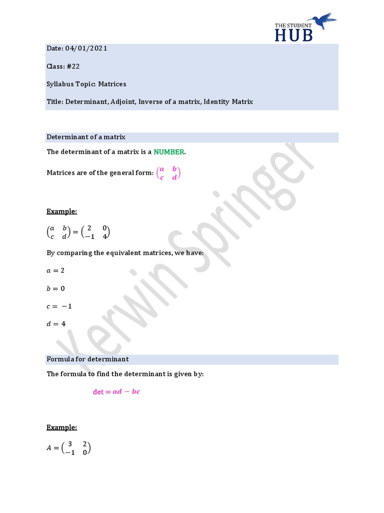Class 22 - Determinant, Adjoint, Inverse, Identity Matrix | PDF | Determinant | Matrix (Mathematics)