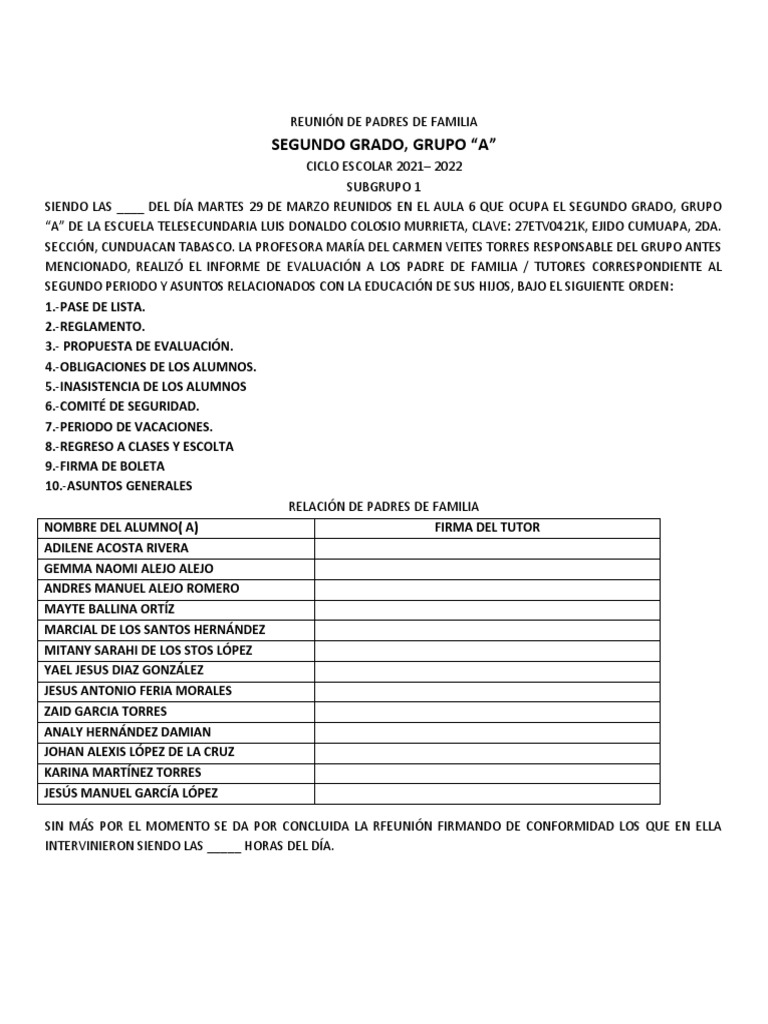 Reunión de Padres Segundo Grado 2021-2022 | PDF | Salud y bienestar